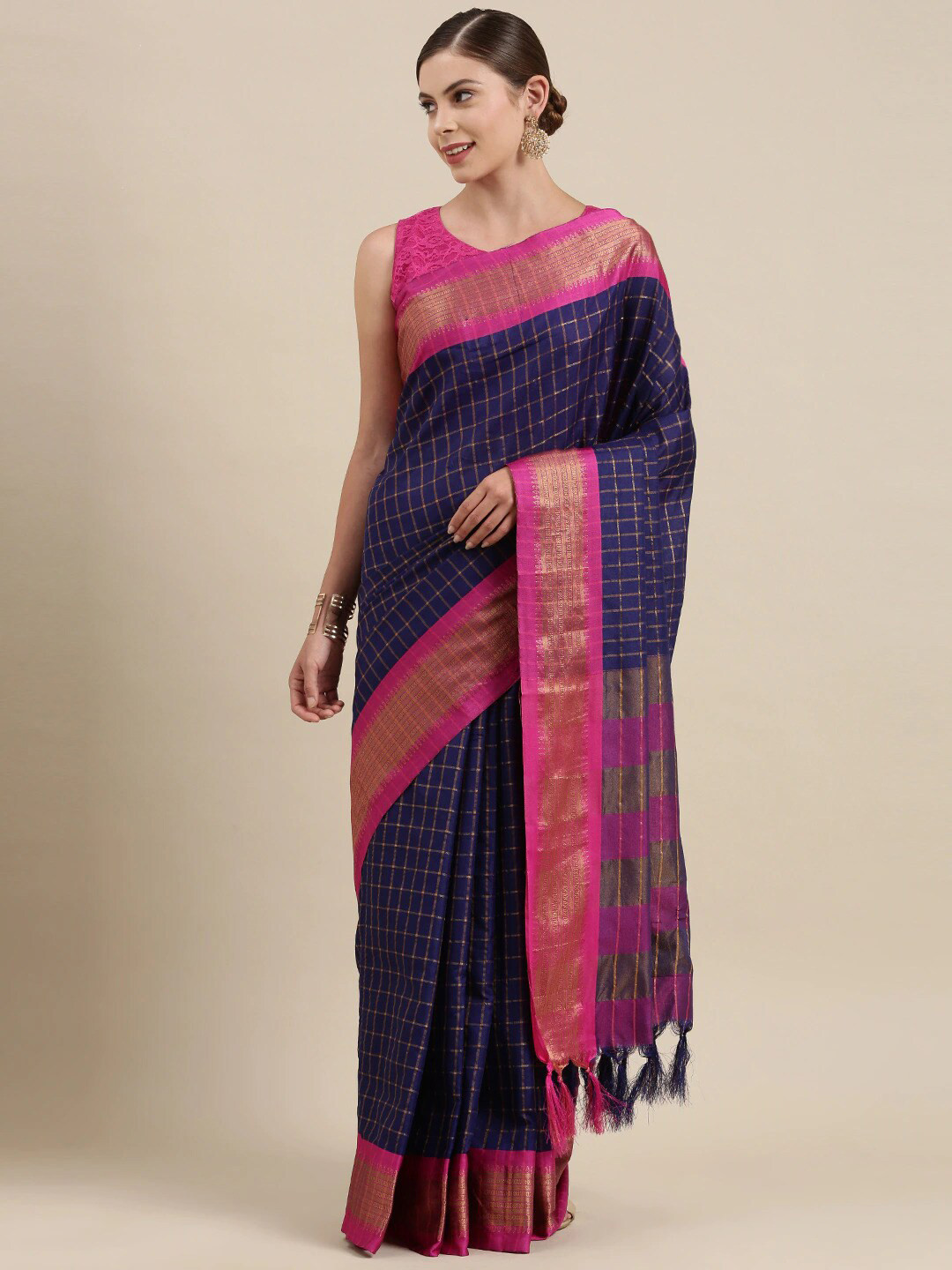 Buy KALINI Navy Blue & Pink Checked Zari Silk Cotton Uppada Saree ...