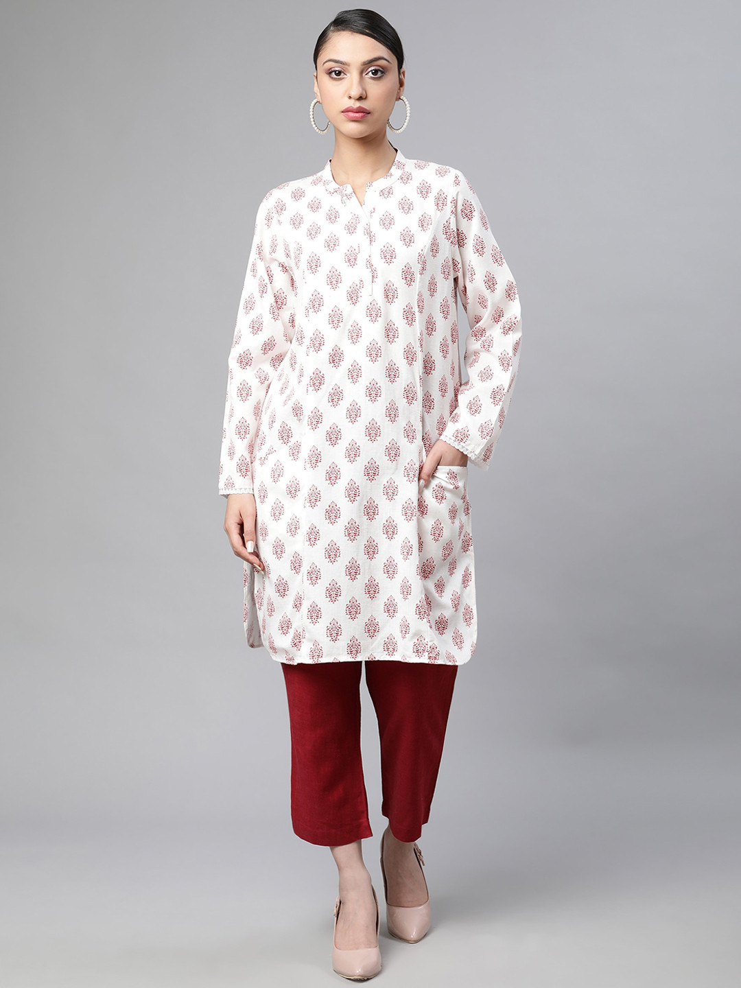 Buy Linen Club Woman Women Red Ethnic Motifs Printed Linen Kurta With ...