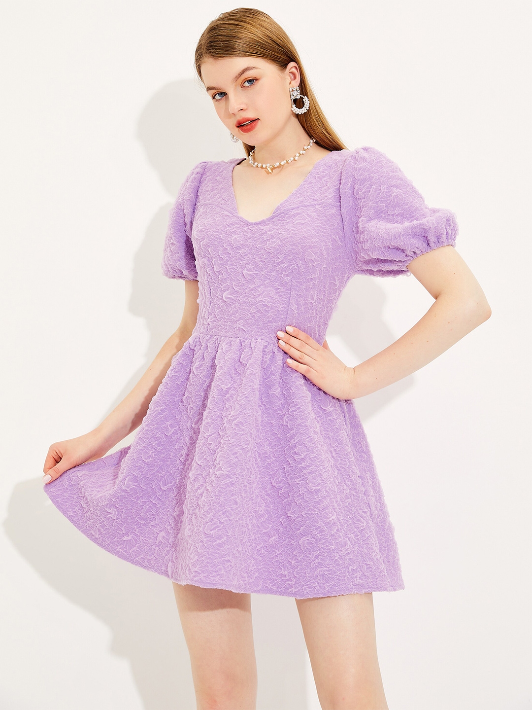 Buy Urbanic Purple Self Design V Neck Mini Dress Dresses For Women