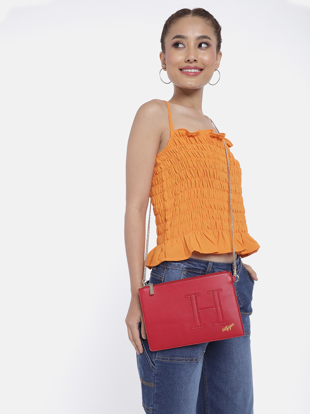 Buy Tommy Hilfiger Red Leather Regular Structured Sling Bag With Brand ...