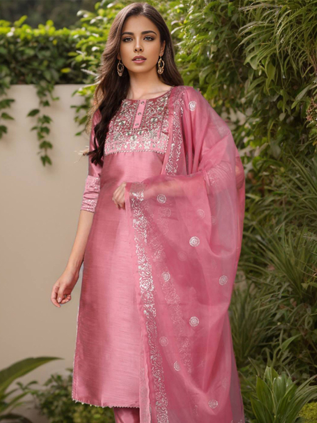 Buy AHIKA Women Pink Floral Embroidered High Slit Kurti With Trousers ...