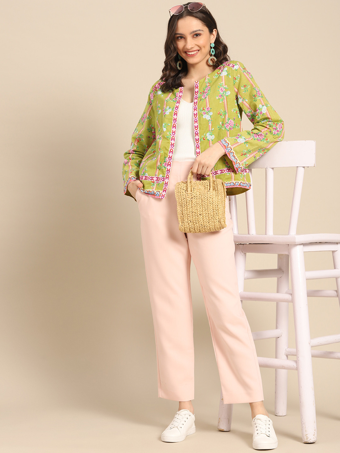 Buy Sangria Women Lime Green & Pink Floral Print Open Front Jacket ...