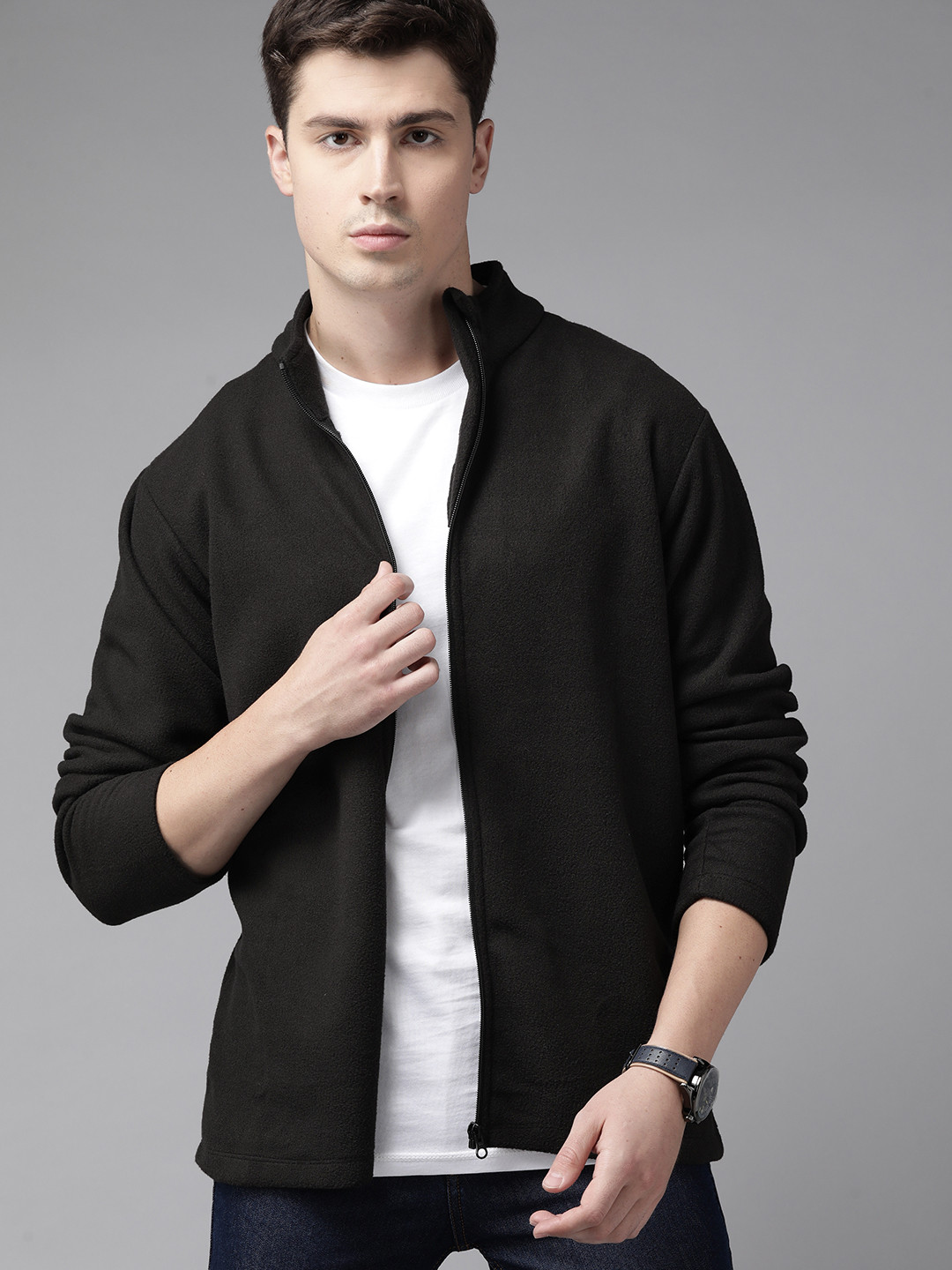 Buy Roadster Men Black Solid Fleece Tailored Jacket - Jackets for Men ...