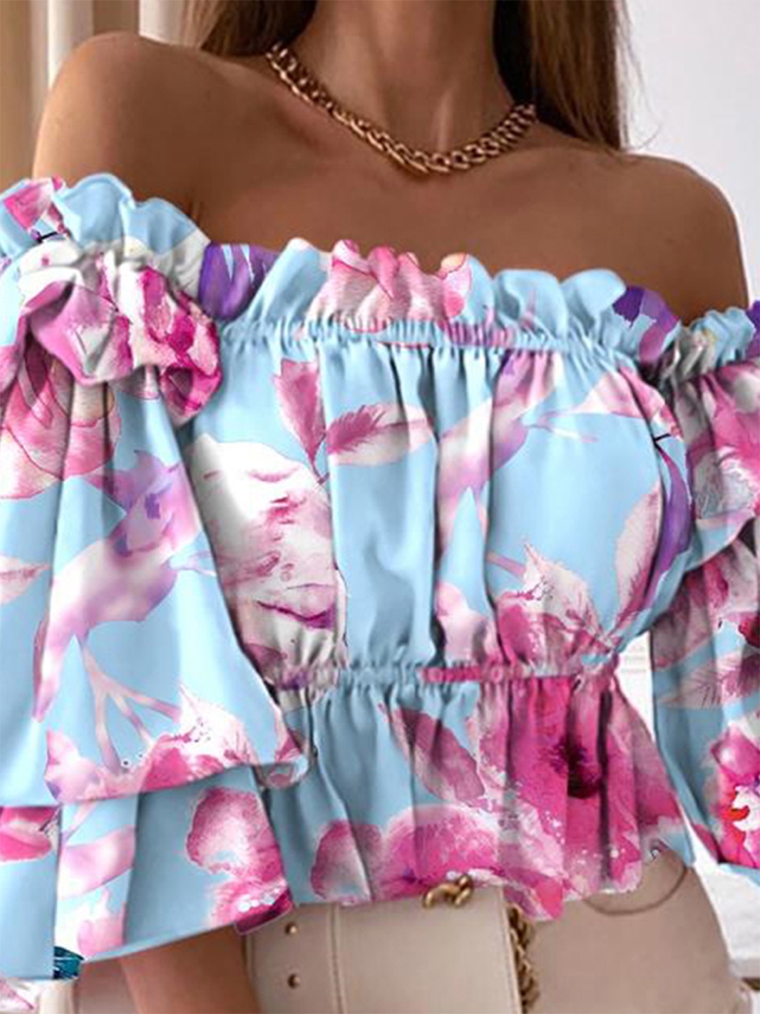 Buy Urbanic Blue Floral Print Off Shoulder Bardot Top Tops For Women