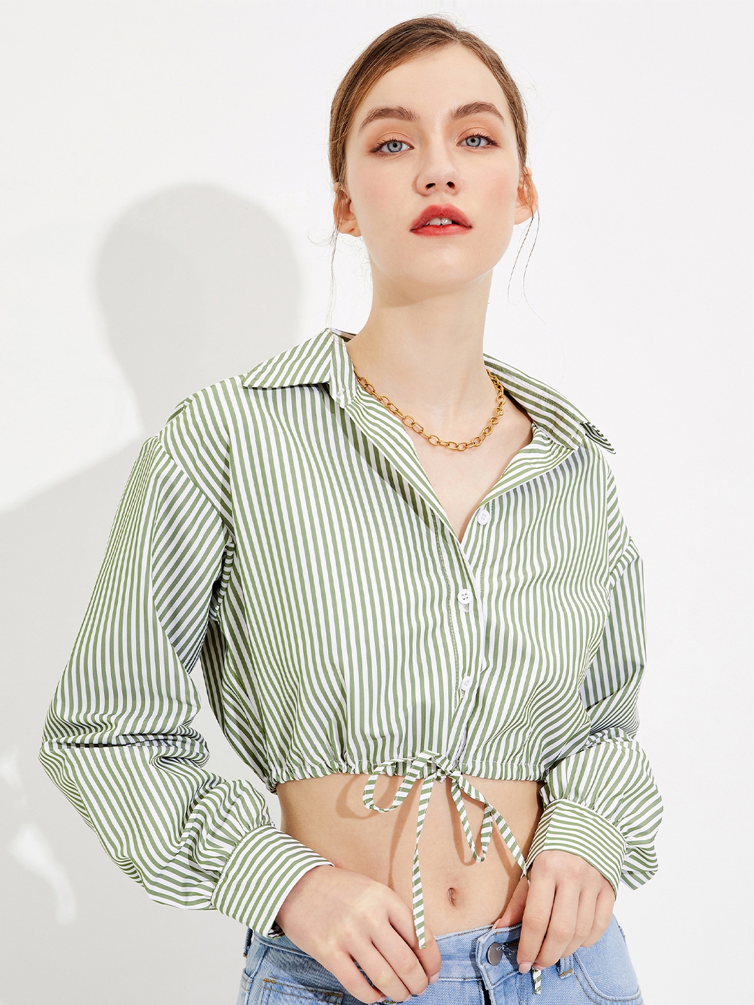 Buy Urbanic Women Green And White Striped Shirt Style Crop Top Tops For