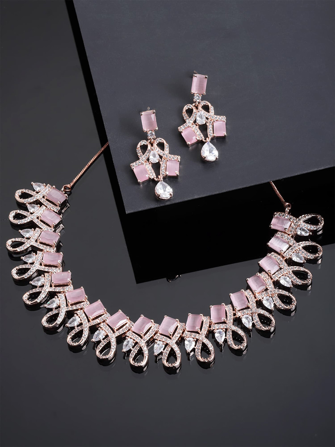 Buy KARATCART Rose Gold Plated & Pink AD Studded Jewellery Set ...