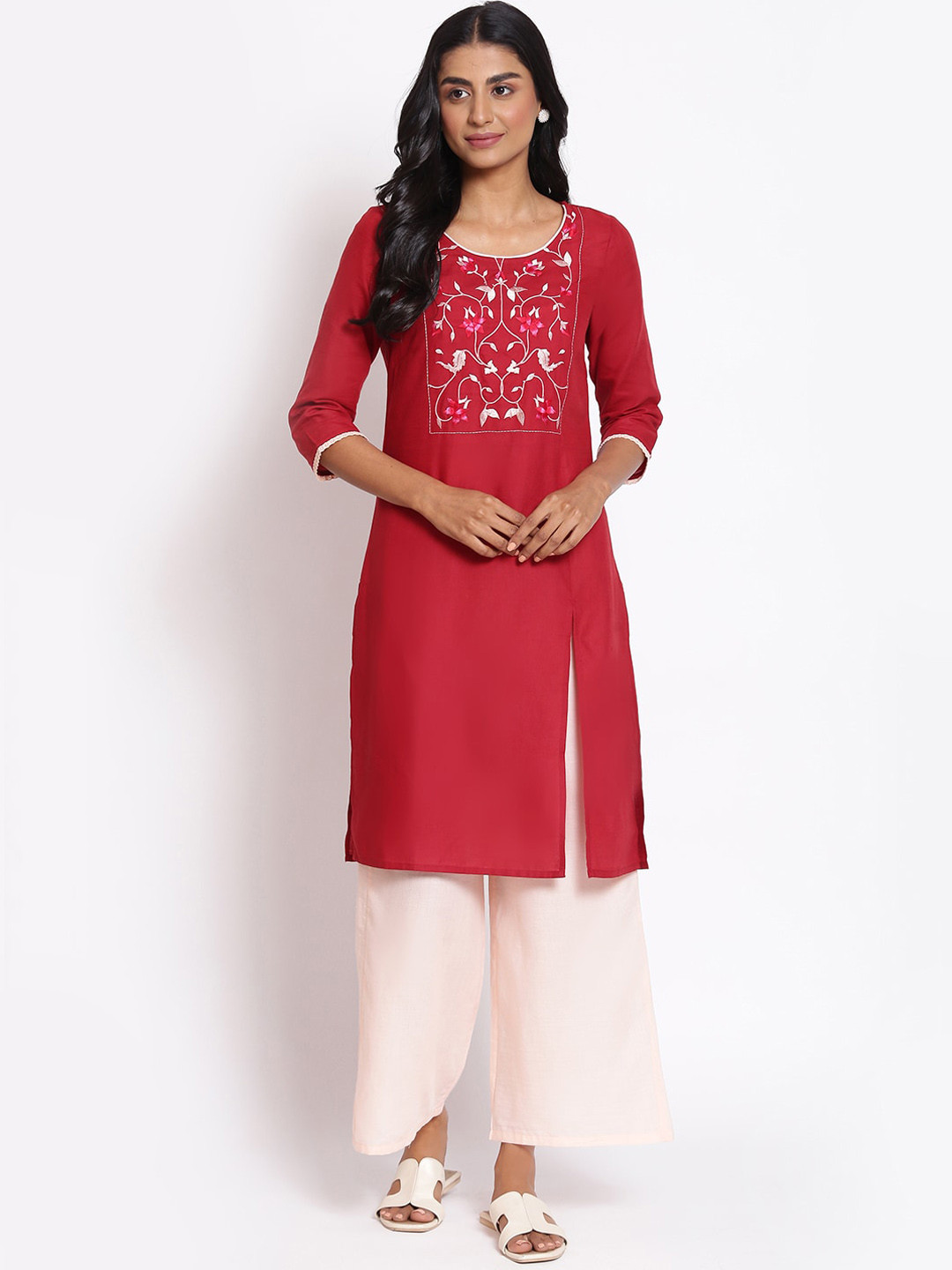 Buy AURELIA Women Red Ethnic Motifs Yoke Design Kurta With Palazzos ...