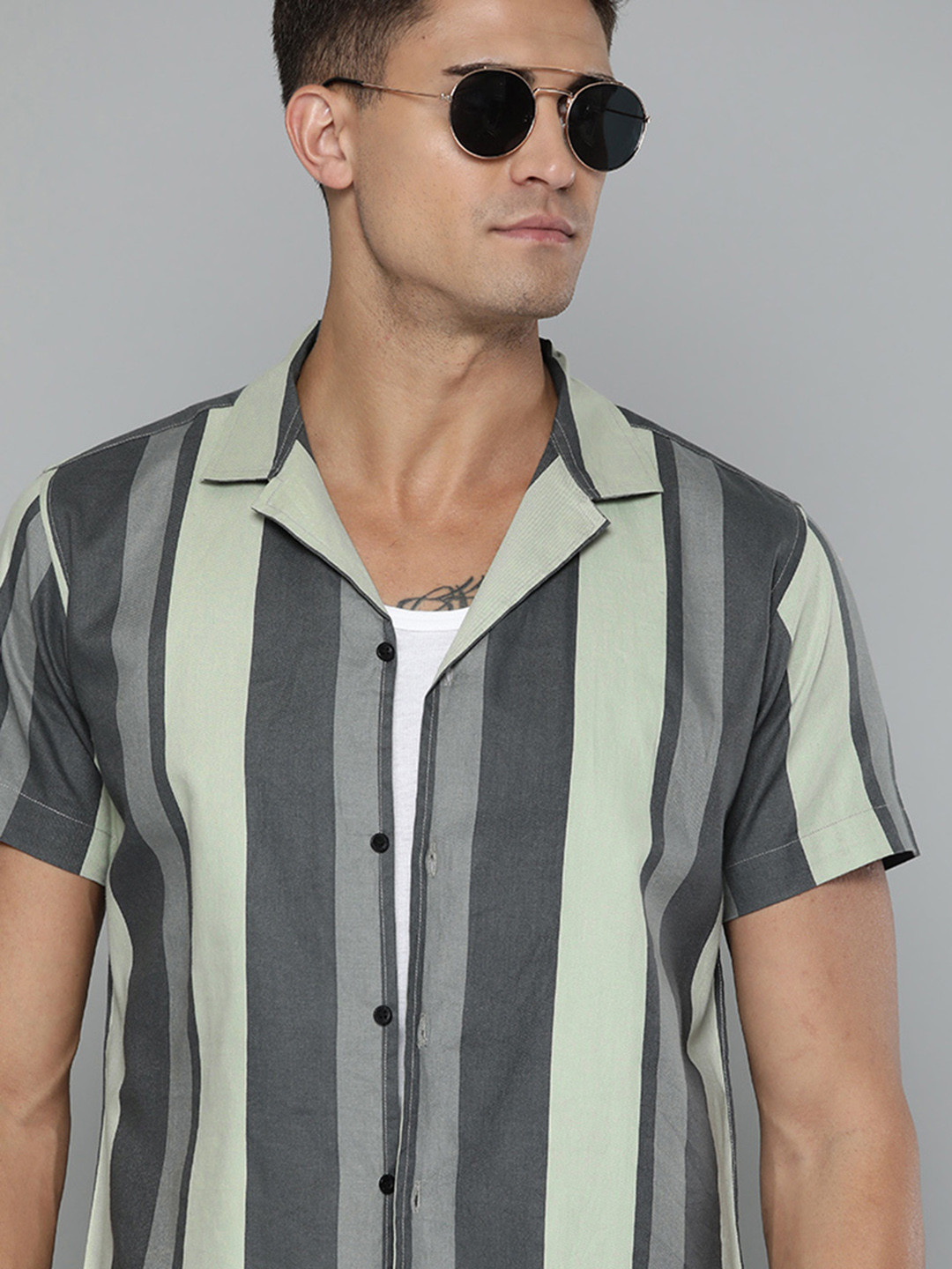 Buy DENNISON Men Green Smart Slim Fit Striped Cotton Casual Shirt ...
