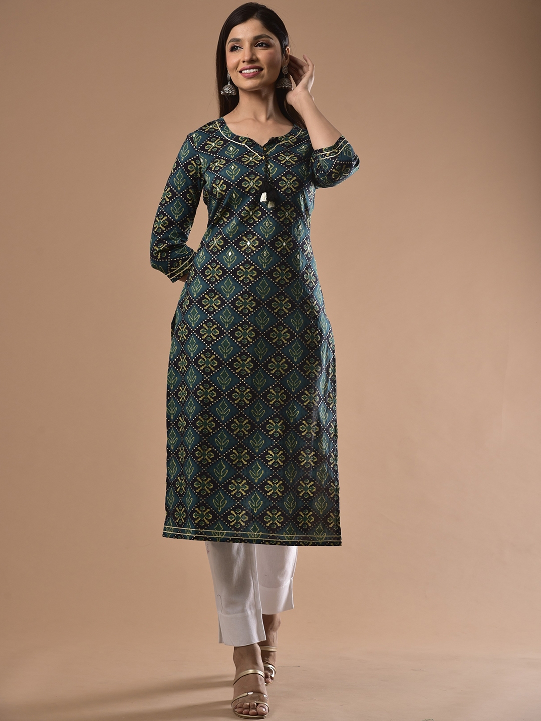 Buy Swasti Women Green Ethnic Motifs Printed Mirror Work Floral Kurta