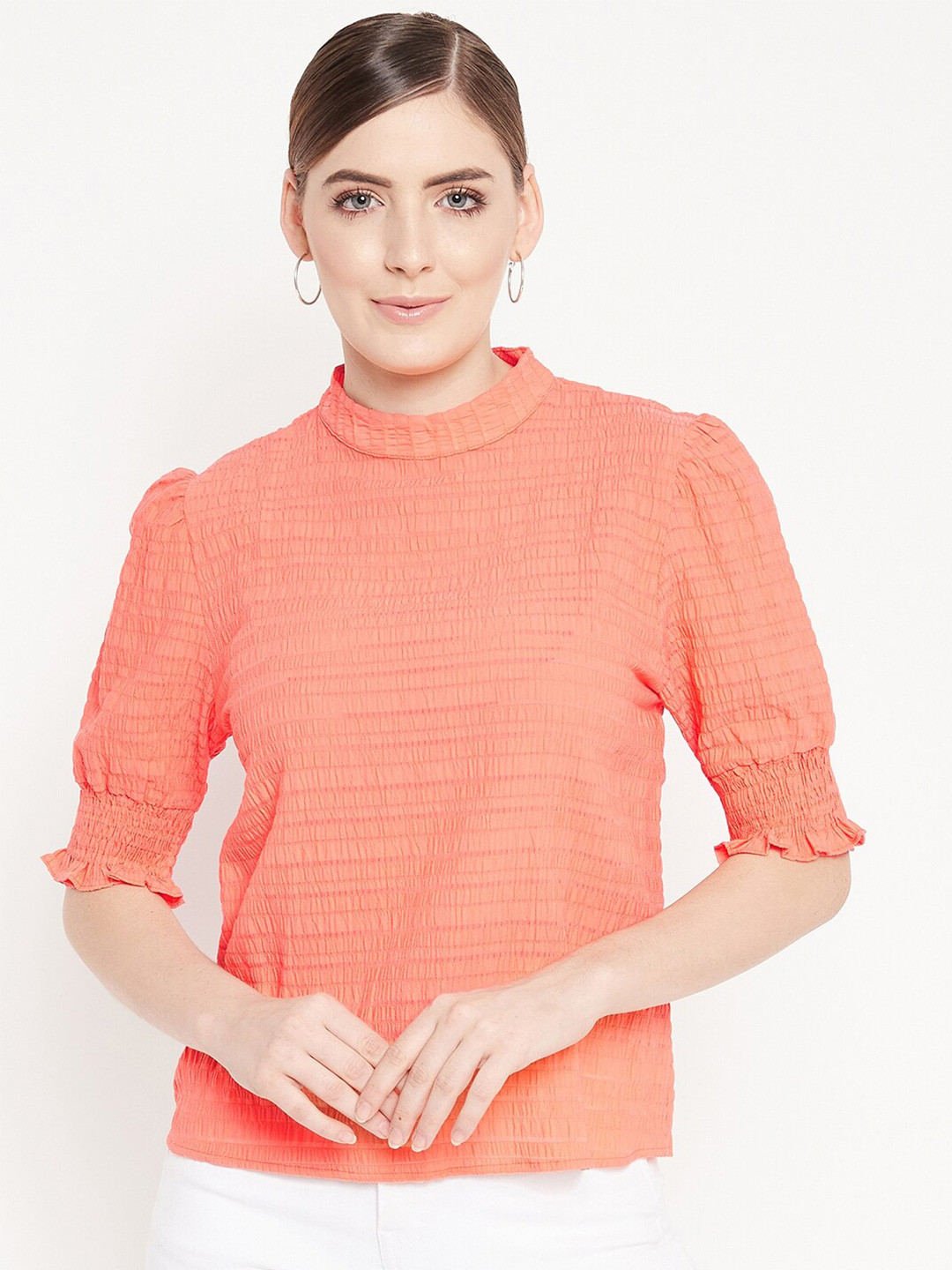 Buy Madame Orange Self Design Puff Sleeves Top - Tops for Women ...
