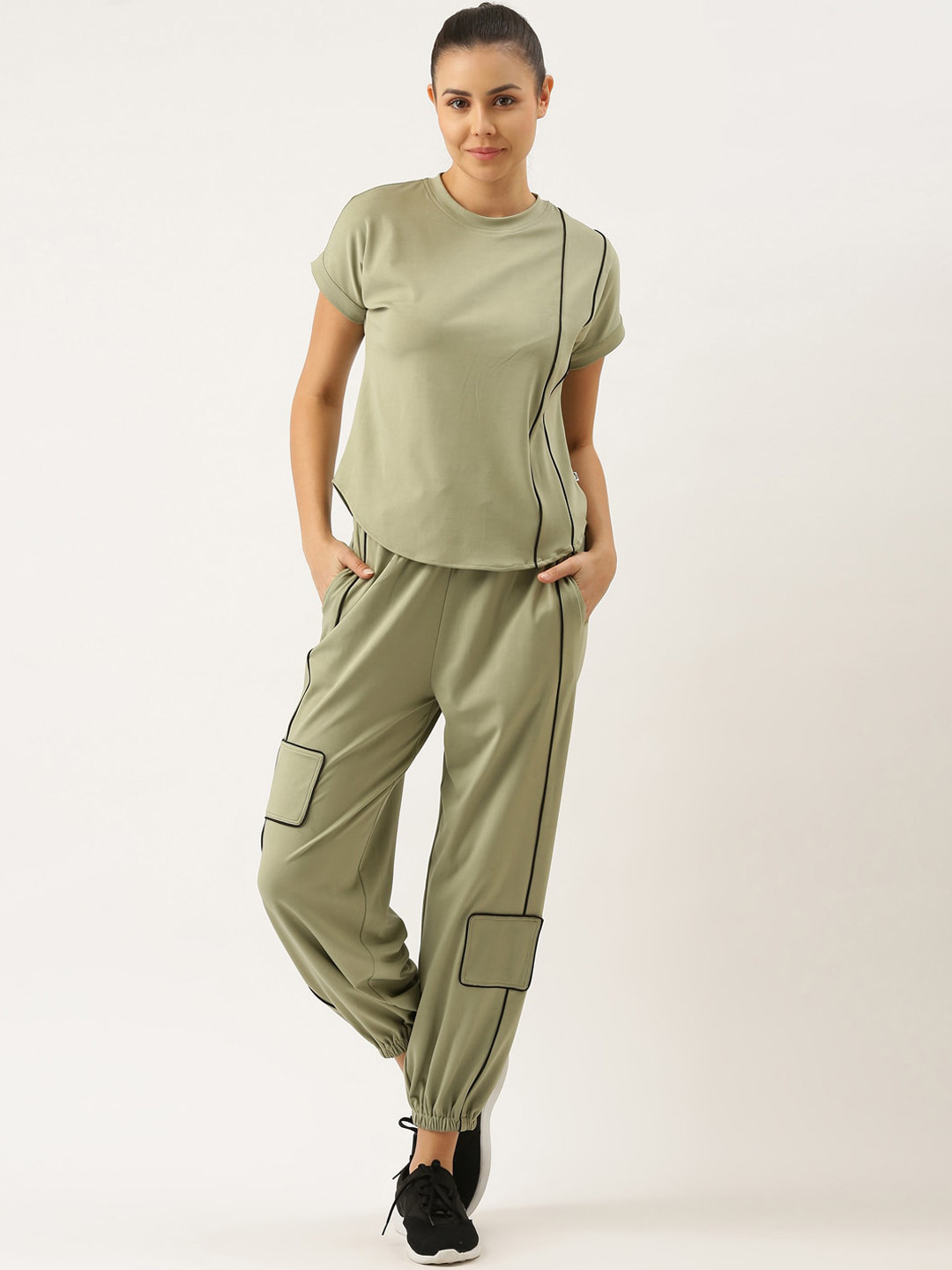 Buy Bannos Swagger Women Green Solid T Shirt & Joggers With Piping ...
