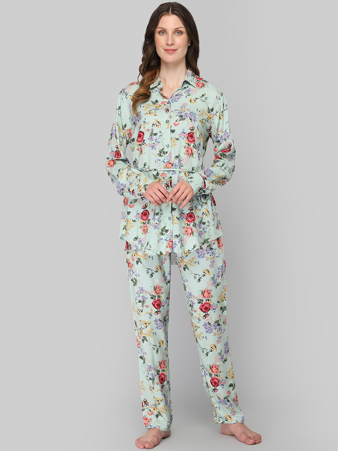 Buy DRAPE IN VOGUE Women Sea Green & Red Printed Night Suit - Night ...