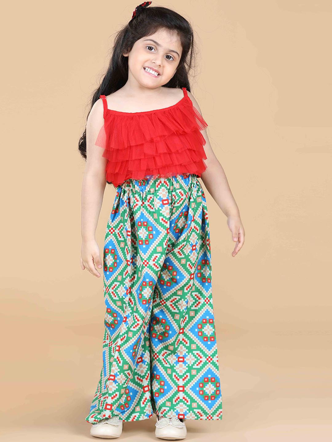 Buy ADIVA Girls Red & Green Layered Shoulder Strap Top With Printed ...
