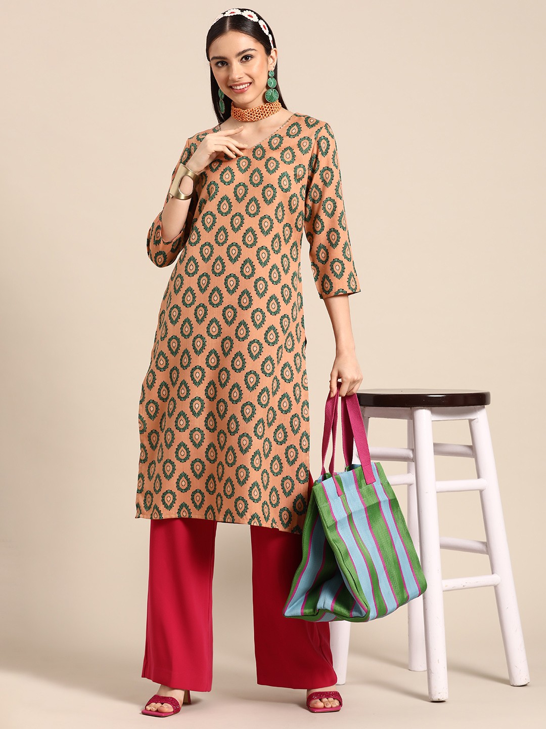 Buy Sangria Women Peach Coloured And Green Ethnic Motifs Printed Gotta