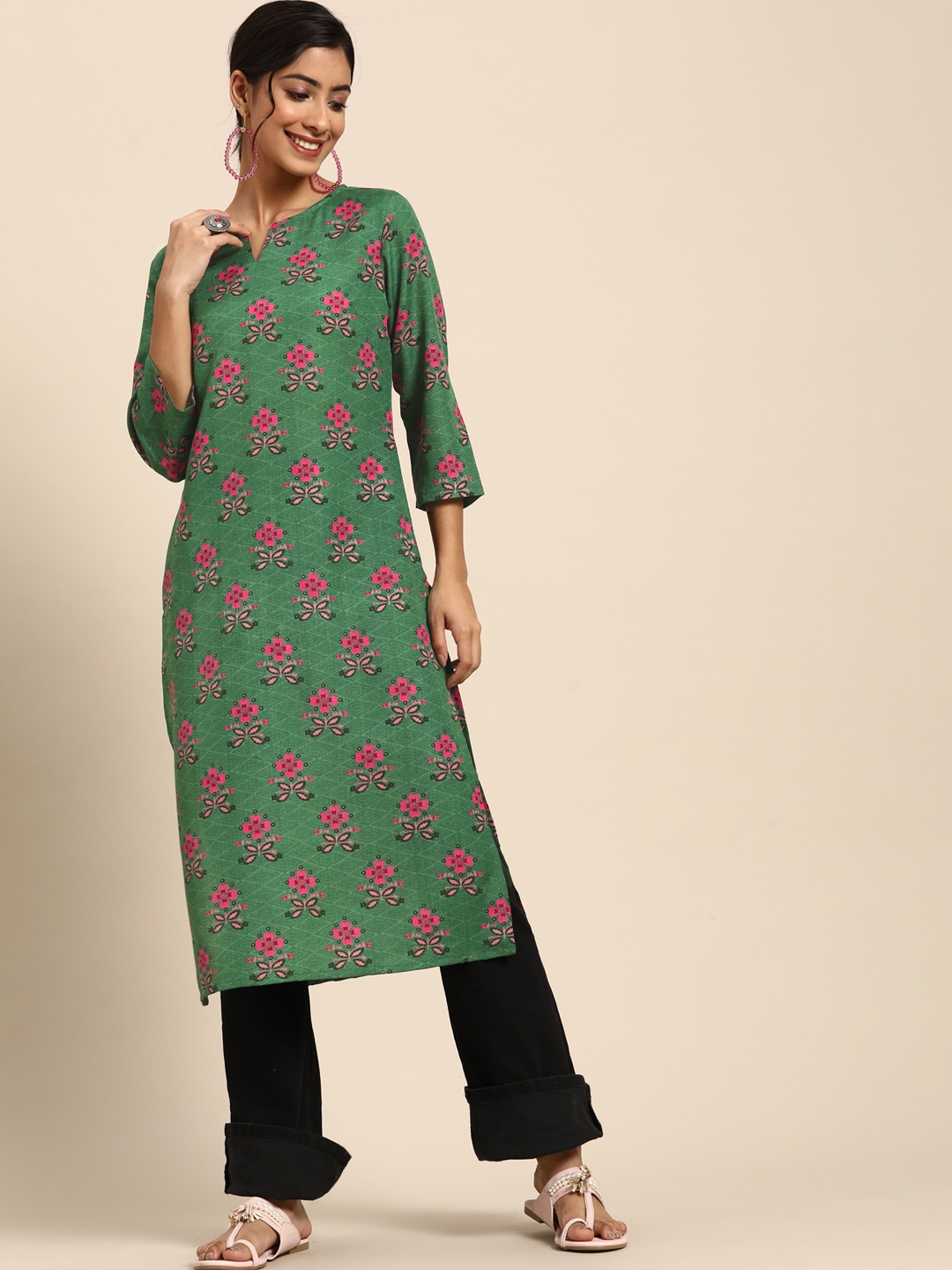 Buy Sangria Women Green And Pink Floral Printed Kurta Kurtas For Women