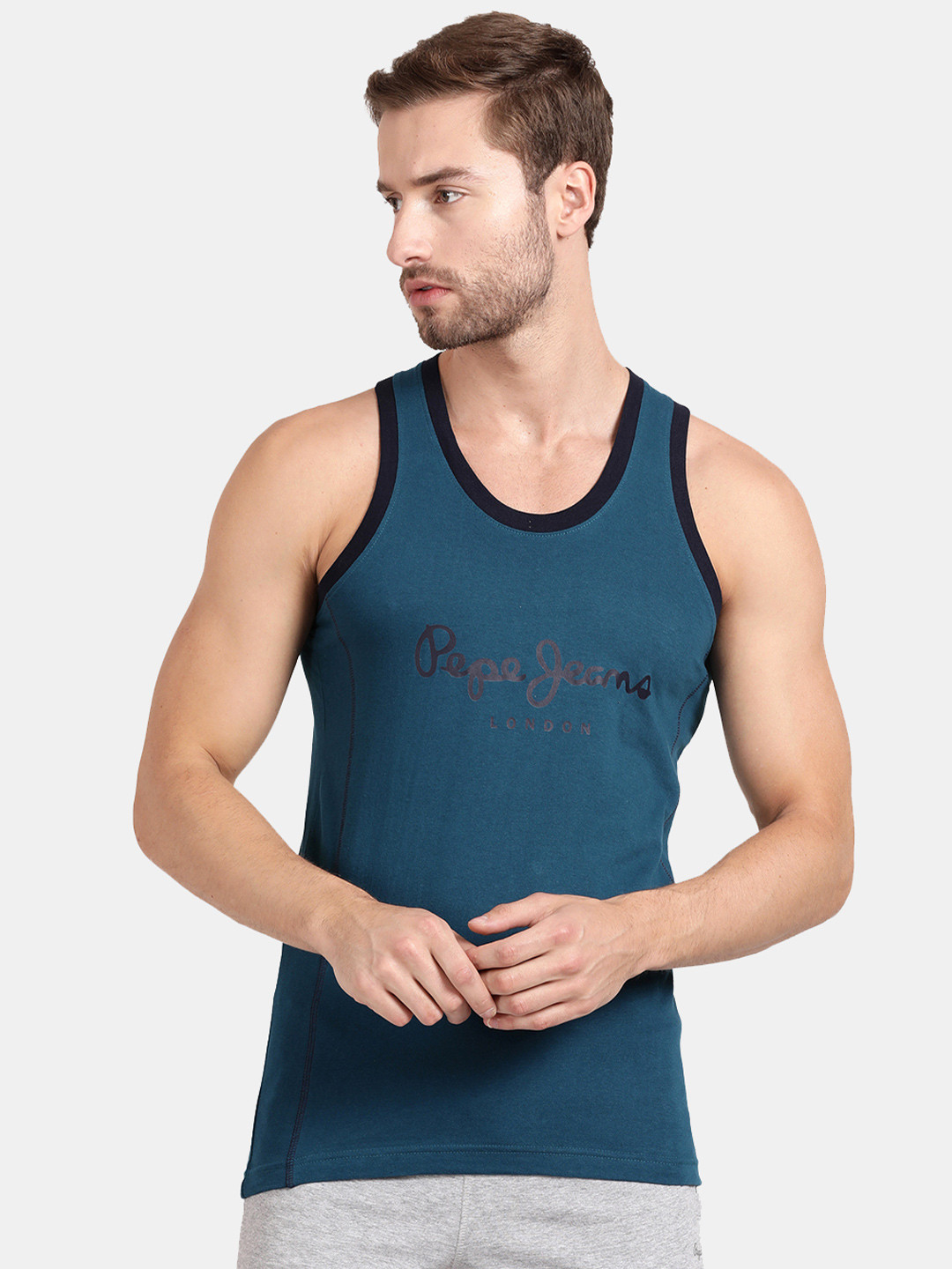 Buy Pepe Jeans Men Blue & Black Solid Cotton Innerwear Vests ...