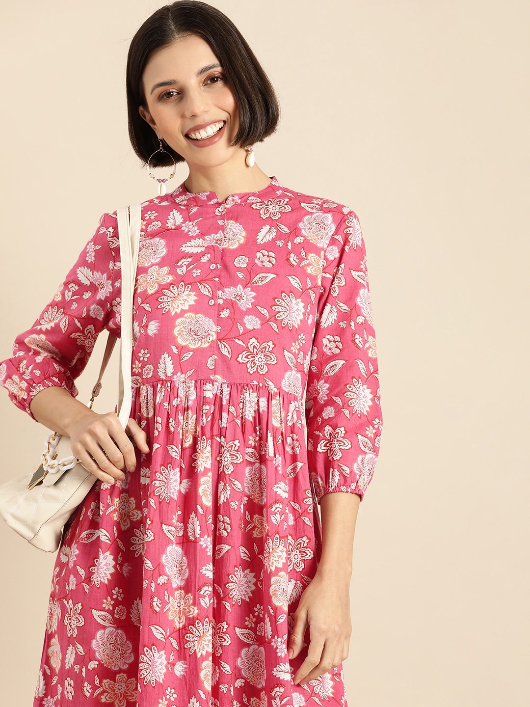 Buy Anouk Women Pink And White Floral Printed Gathered Ethnic A Line Midi