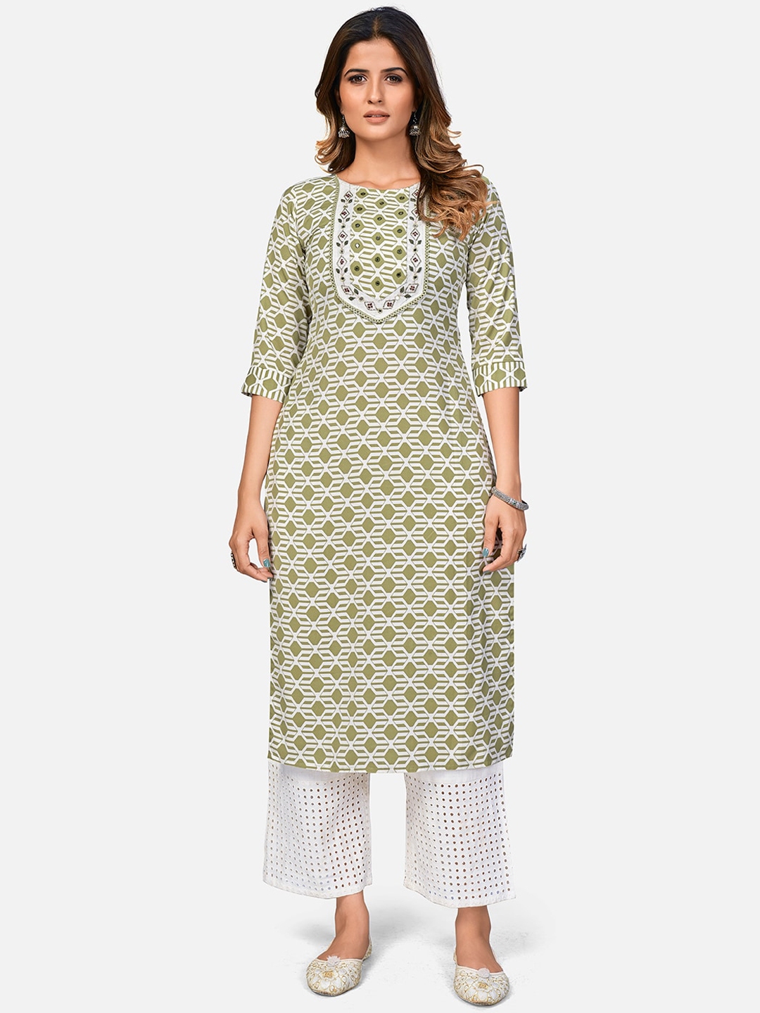 Buy Vbuyz Women Green Ethnic Motifs Printed Flared Sleeves Mirror Work