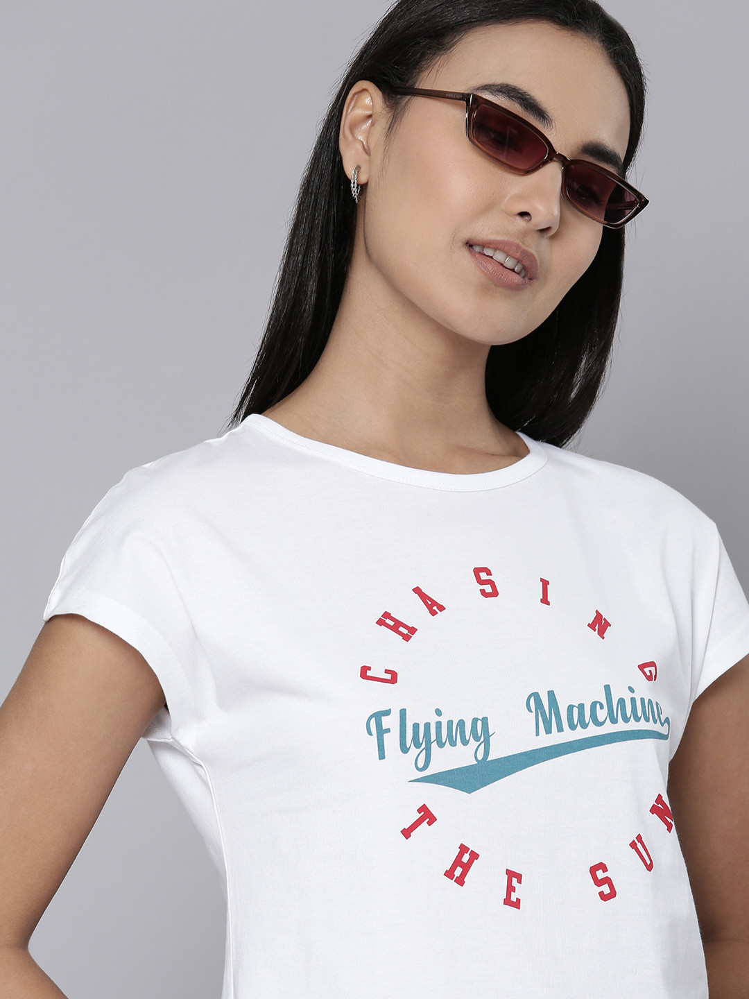 Buy Flying Machine Women White Brand Logo Printed Pure Cotton T Shirt ...