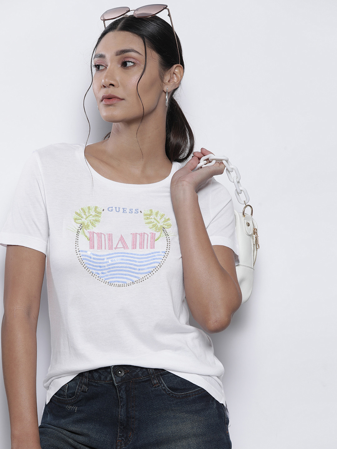 Buy GUESS Women White & Pink Typography Embroidered T Shirt - Tshirts ...