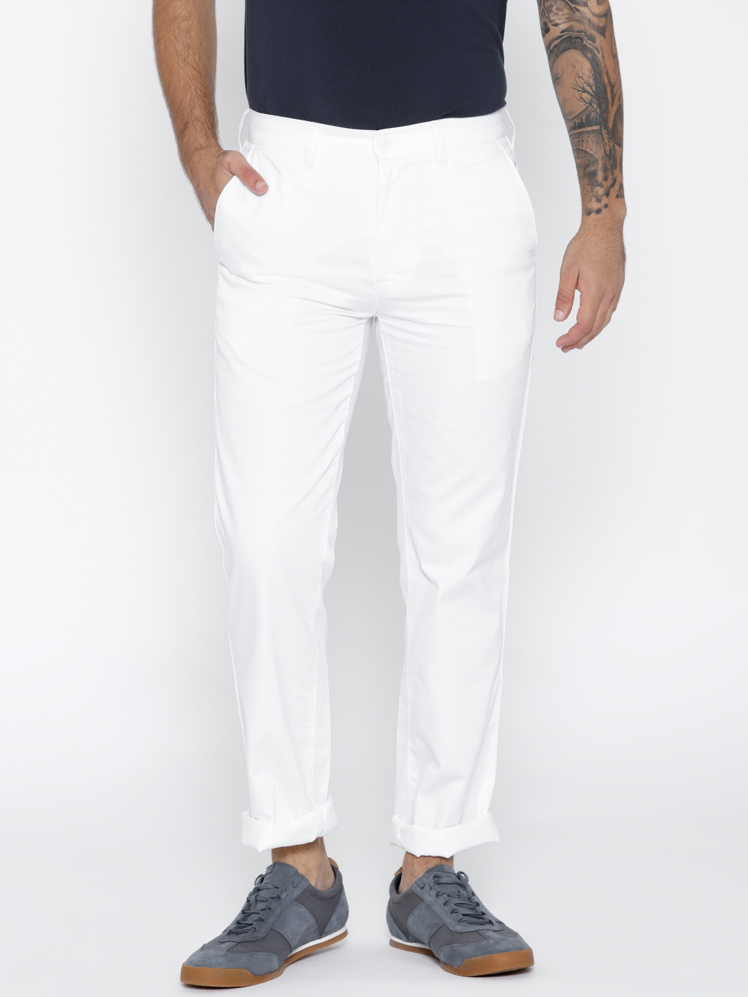 Buy ColorPlus Men White Tailored Fit Solid Casual Trousers - Trousers ...