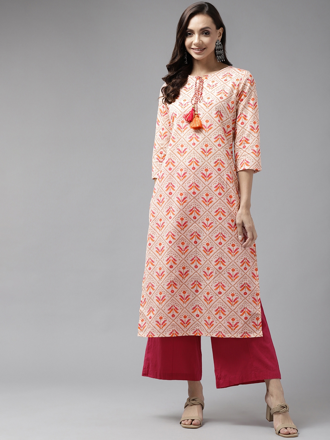 Buy Amirah S Women Peach Coloured And Orange Ethnic Motifs Screen Print