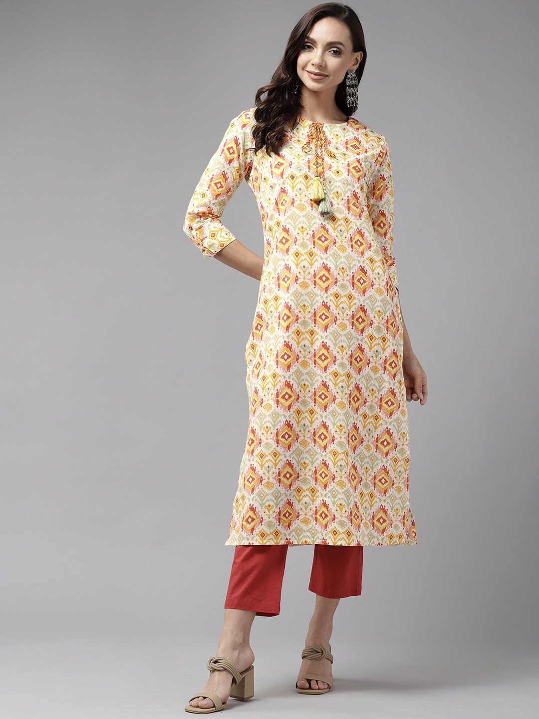 Buy Amirah S Women White And Orange Ethnic Motifs Screen Print Cotton