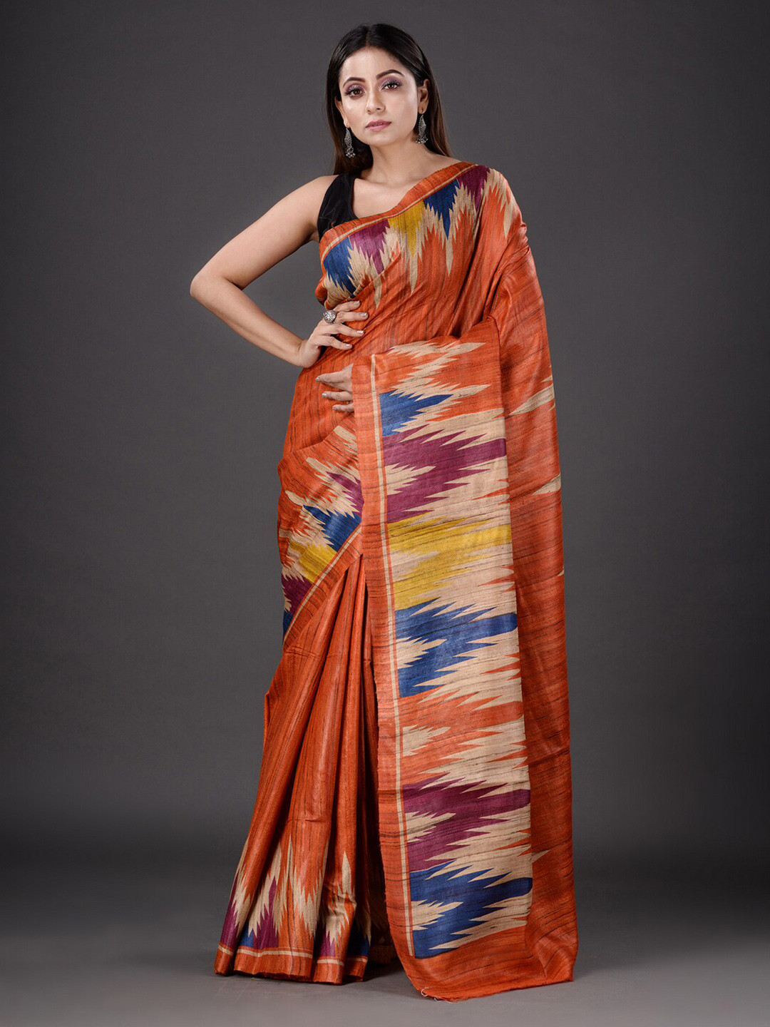 Buy Mitera Rust & Orange Silk Blend Heavy Work Saree - Sarees for Women ...