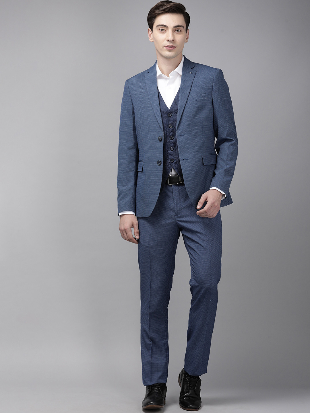 Buy Arrow Men Navy Blue Self Designed Tailored Fit Single Breasted 3 ...