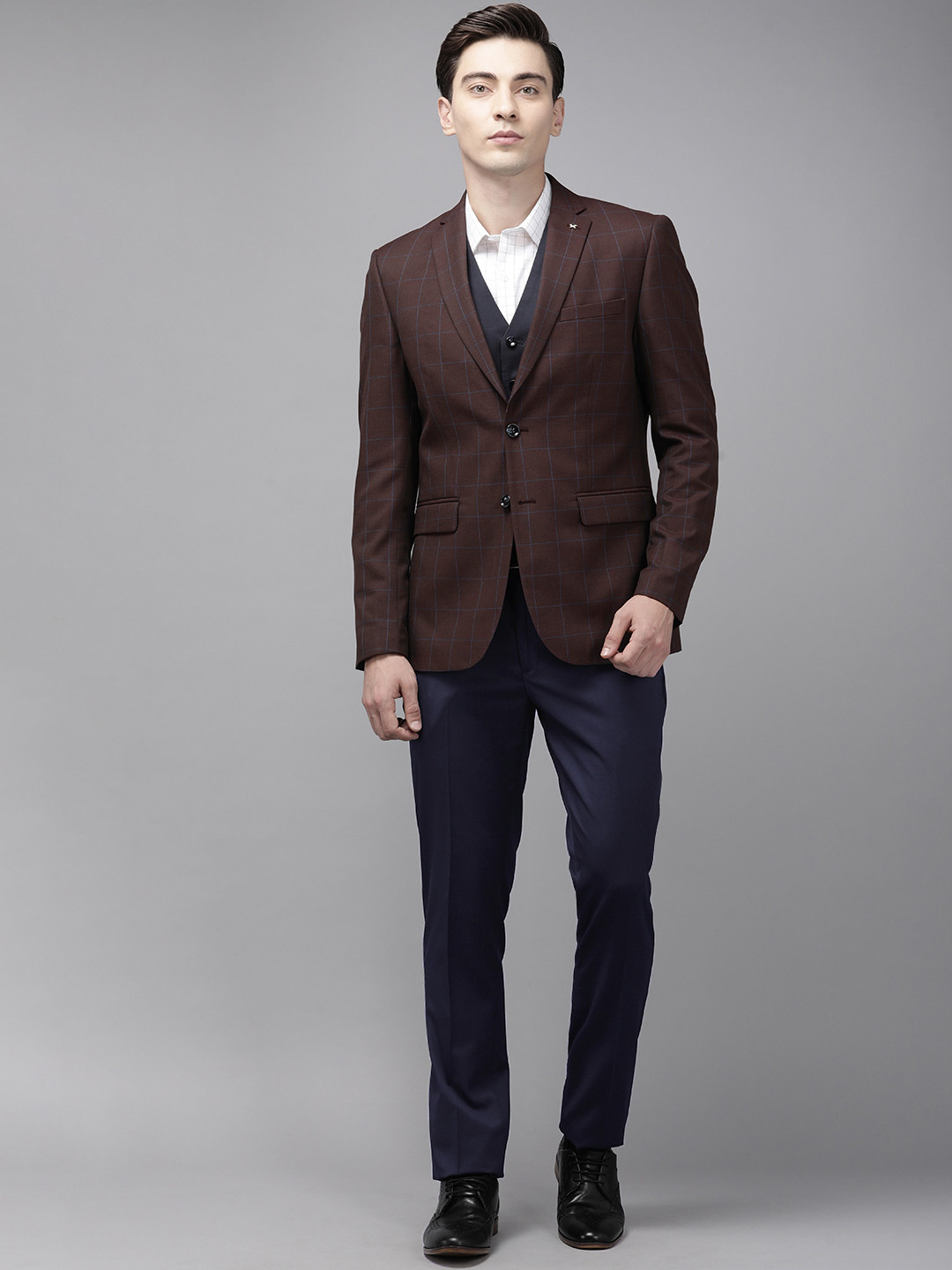 Buy Arrow Men Brown Checked Tailored Fit 3 Piece Reversible Formal Suit ...