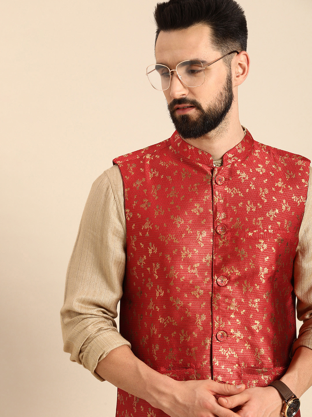 Buy Anouk Men Red Woven Design Nehru Jacket - Nehru Jackets for Men ...