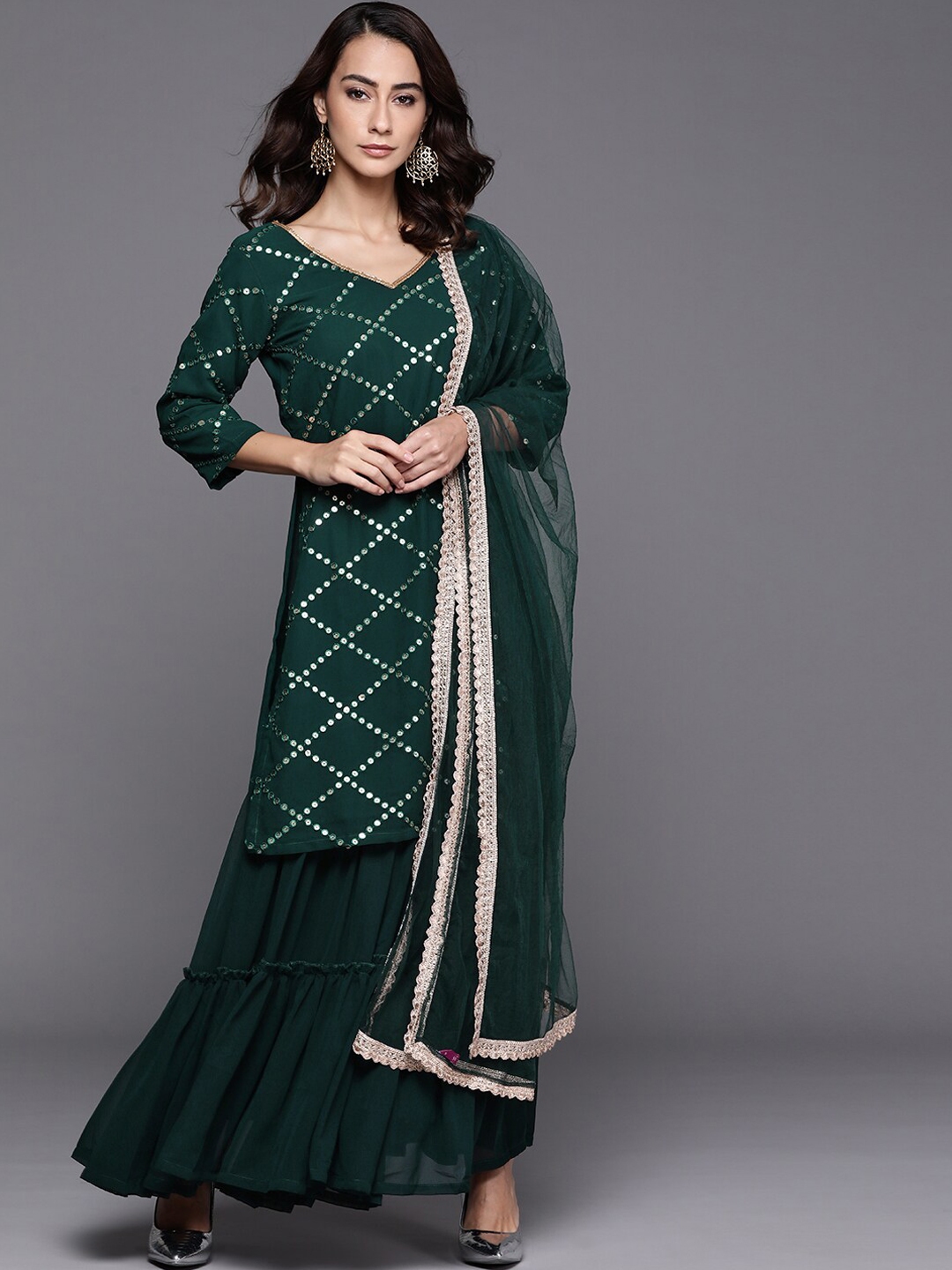 Buy Libas Women Green Embroidered Mirror Work Kurta With Sharara And With