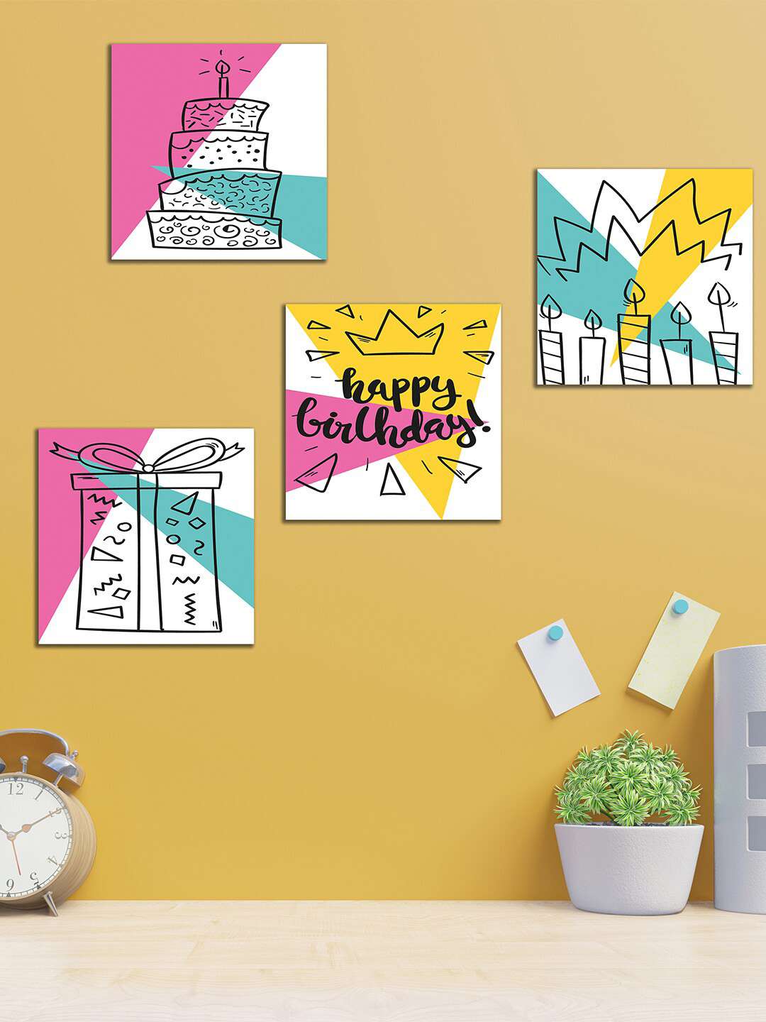 Buy WENS Set Of 4 White And Pink Happy Birthday Wall Panels - Wall ...