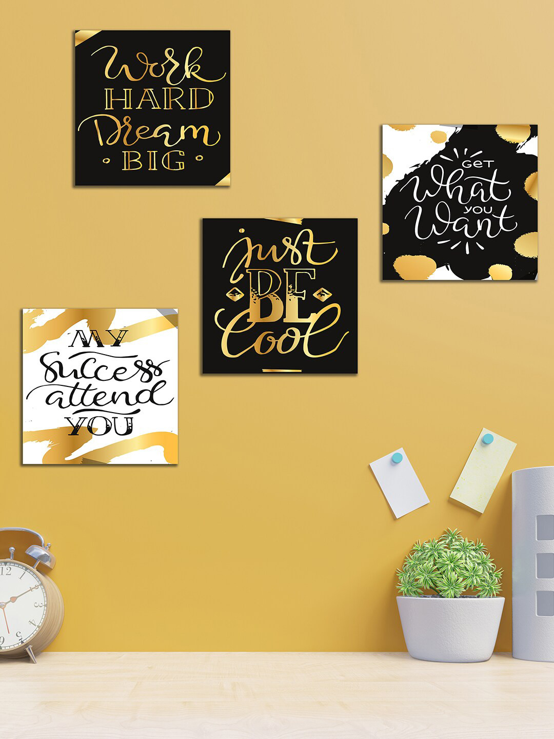 Buy WENS Set Of 4 Black And Yellow Wall Panels - Wall Art for Unisex ...