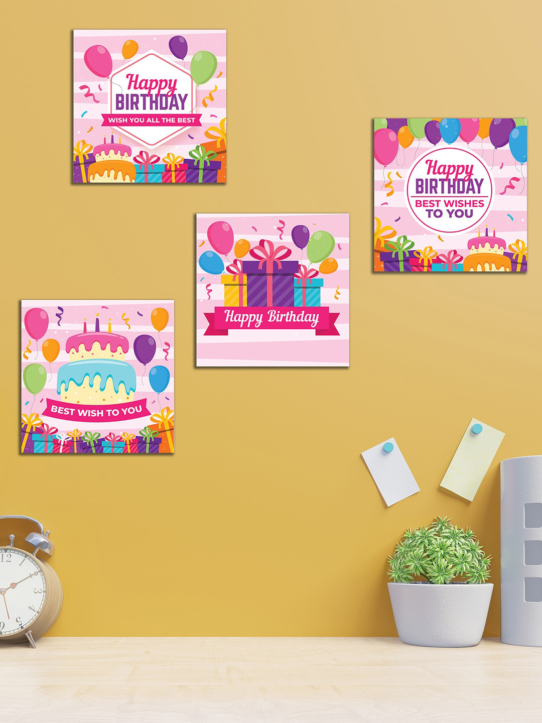 Buy WENS Set Of 4 Pink Happy Birthday Wall Panels - Wall Decor for ...
