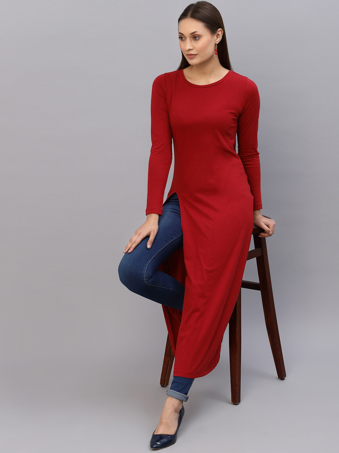 Buy Rigo Women Maroon Solid Pure Cotton Maxi Longline Top - Tops for ...