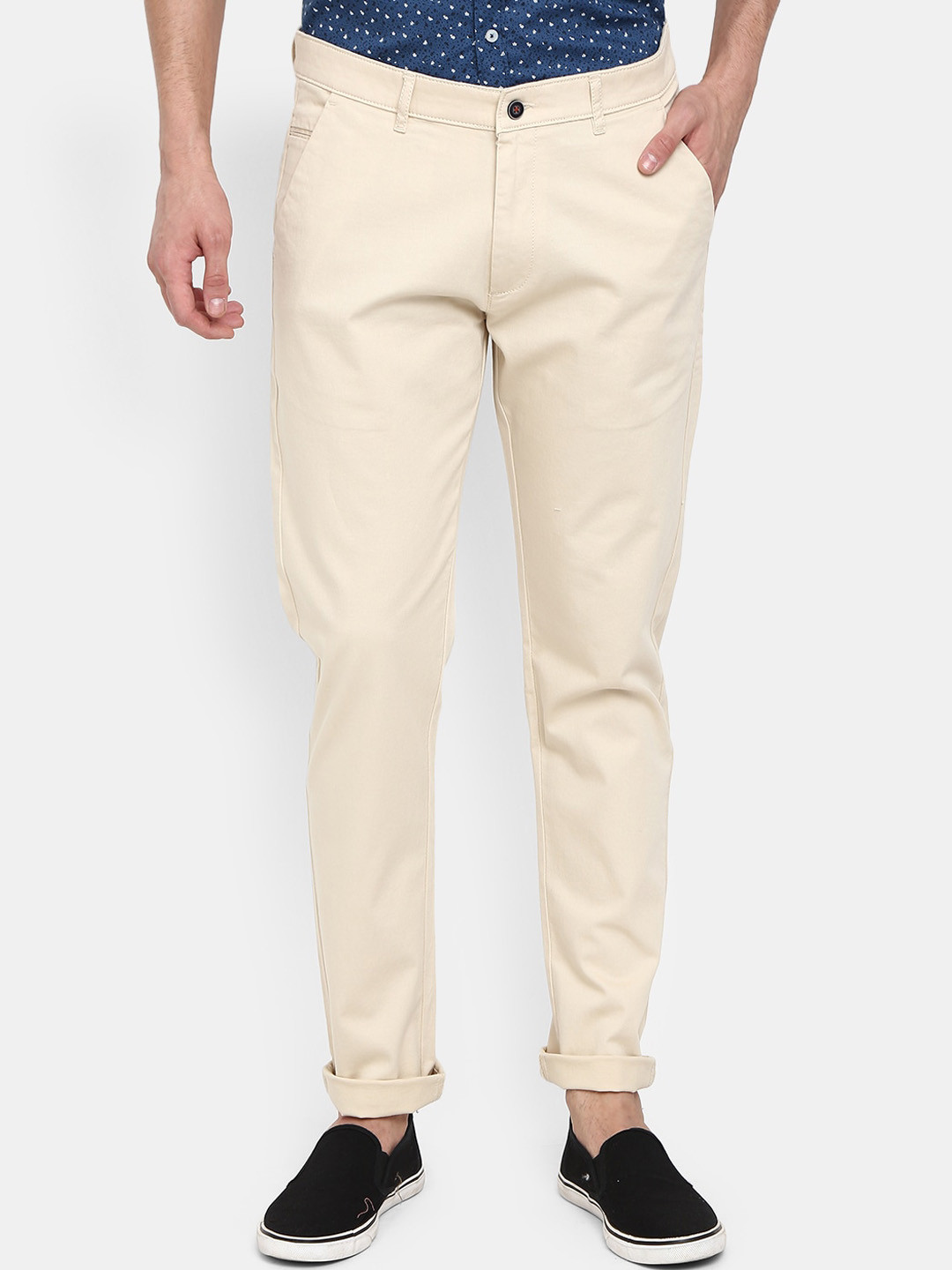 Buy V Mart Men Cream Coloured Classic Slim Fit Chinos Trousers ...