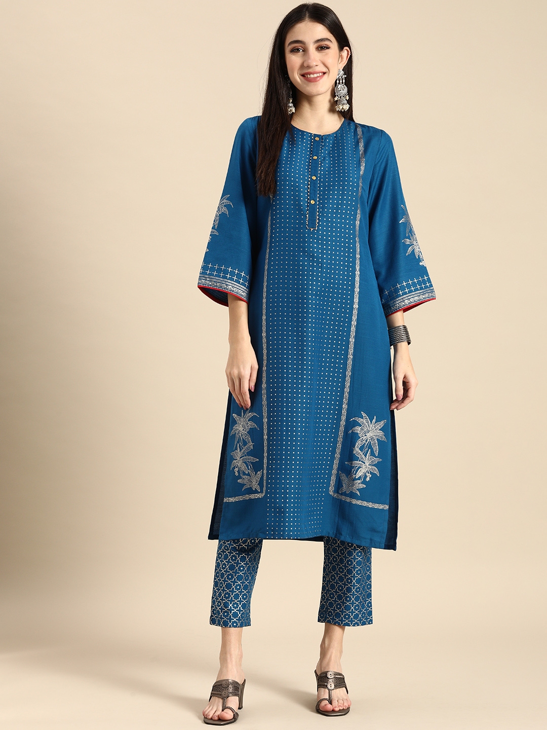 Buy Anouk Women Blue Ethnic Motifs Printed Kurta With Trousers Kurta