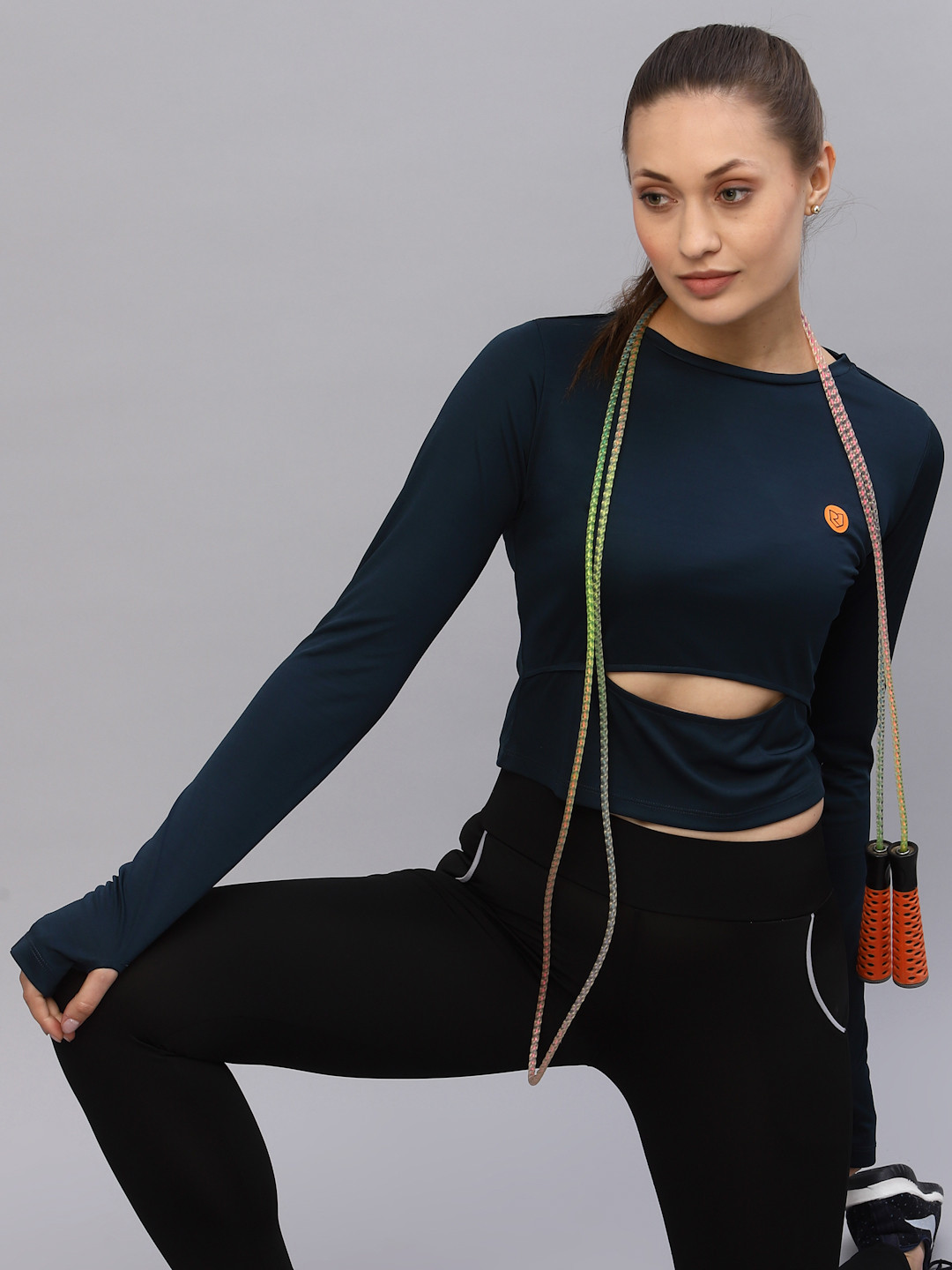 Buy Rigo Women Navy Blue Cut Out Waist Round Neck Full Sleeve Active ...