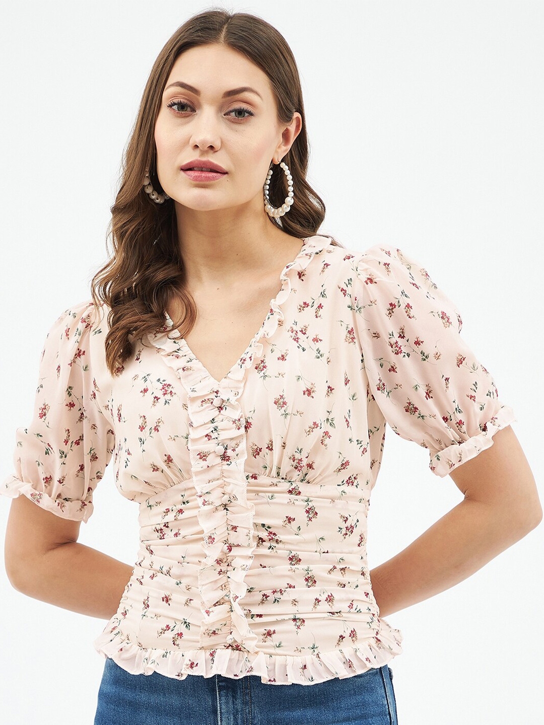 Buy Harpa Off White And Beige Floral Print Ruffles Smocked Georgette