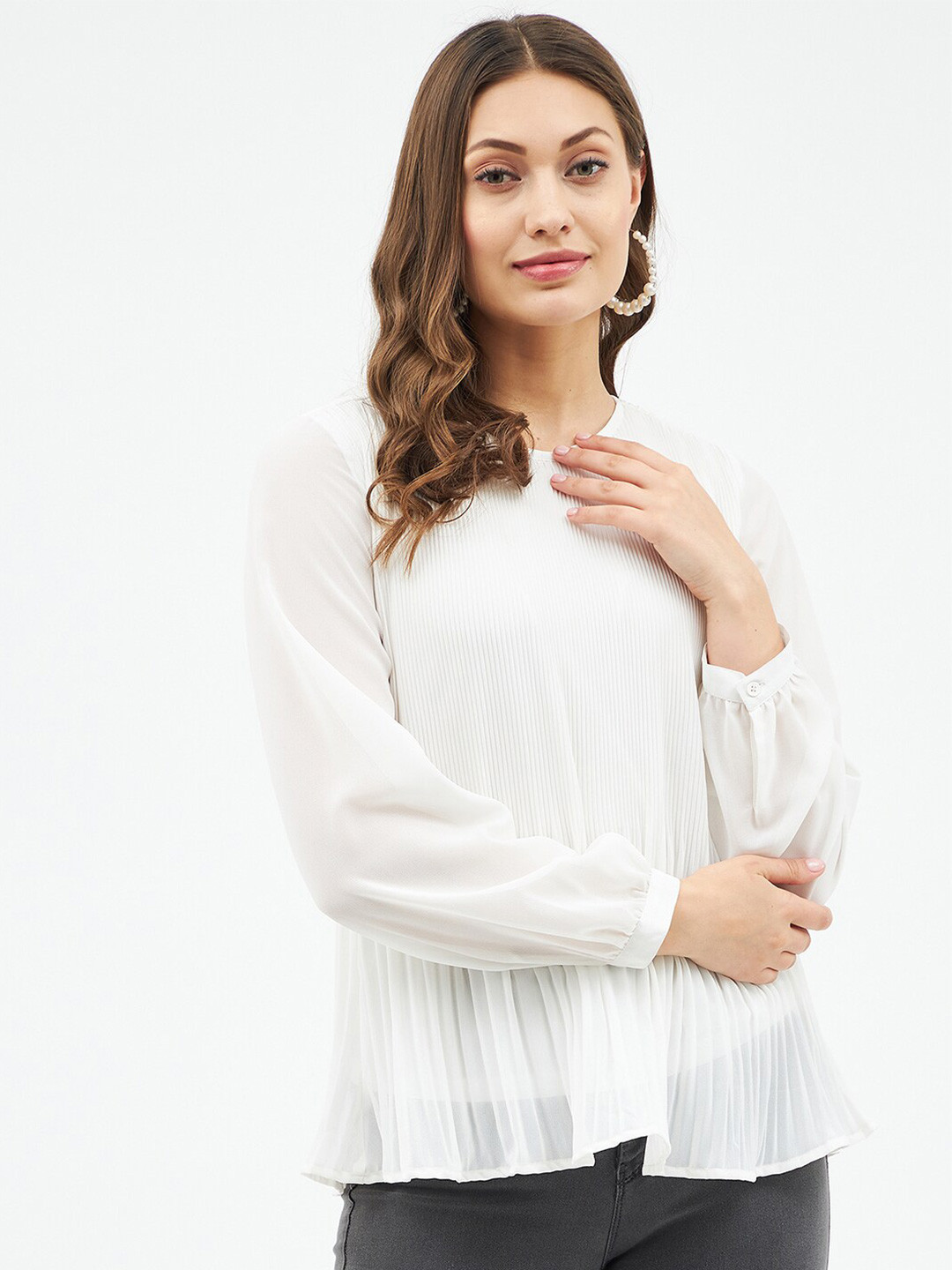 Buy Harpa Women White Accordion Pleated Georgette Top - Tops for Women ...