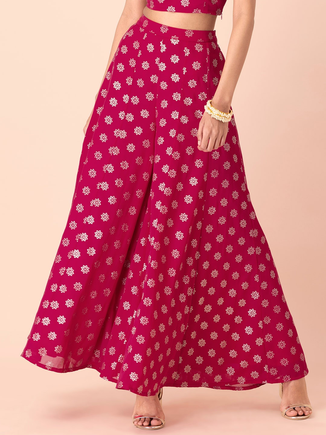 Buy Indya Women Pink Floral Printed Brocade Foil Flared Ethnic Palazzos