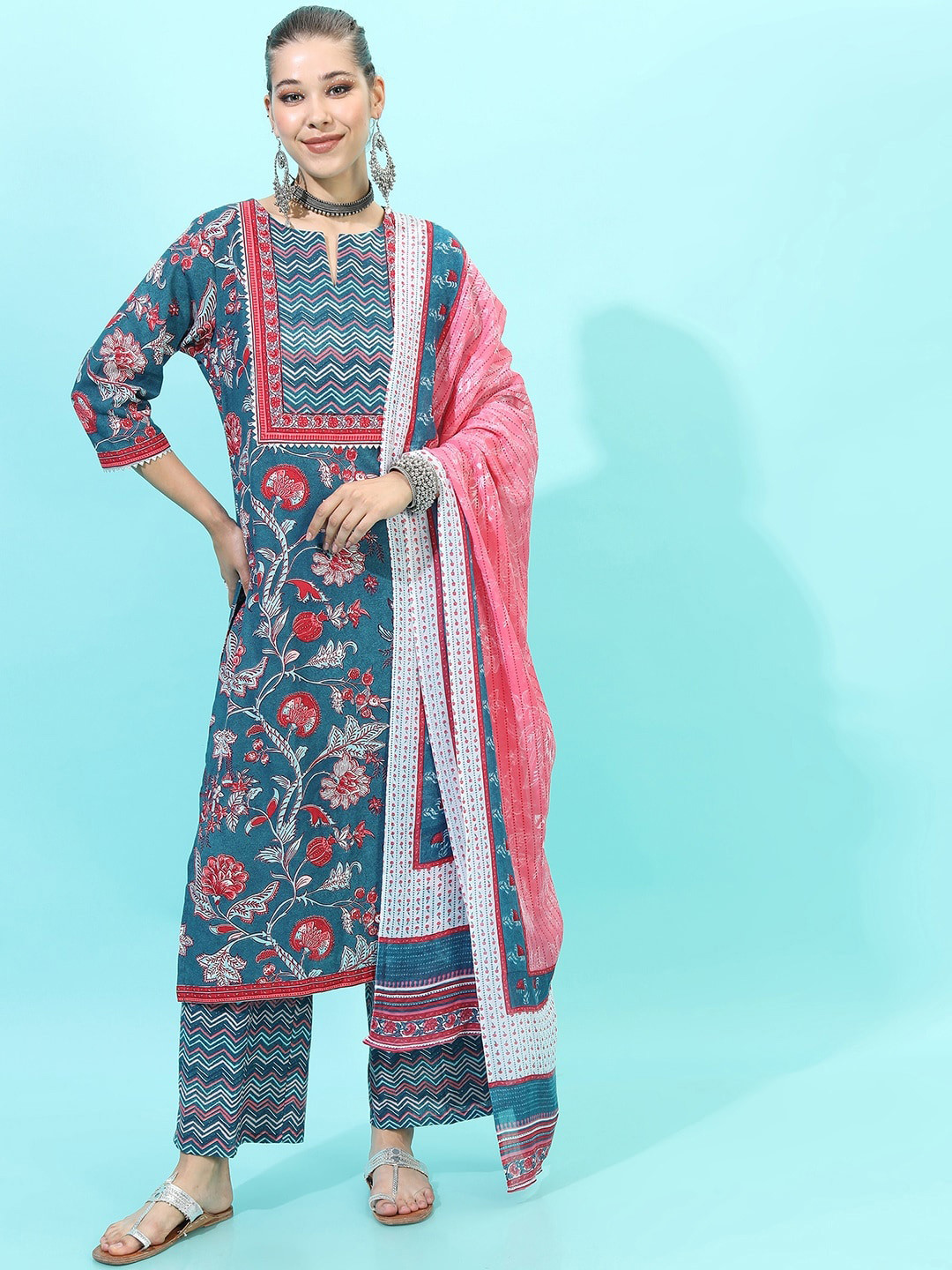 Buy Vishudh Women Pure Cotton Kurta With Palazzo & Dupatta - Kurta Sets ...