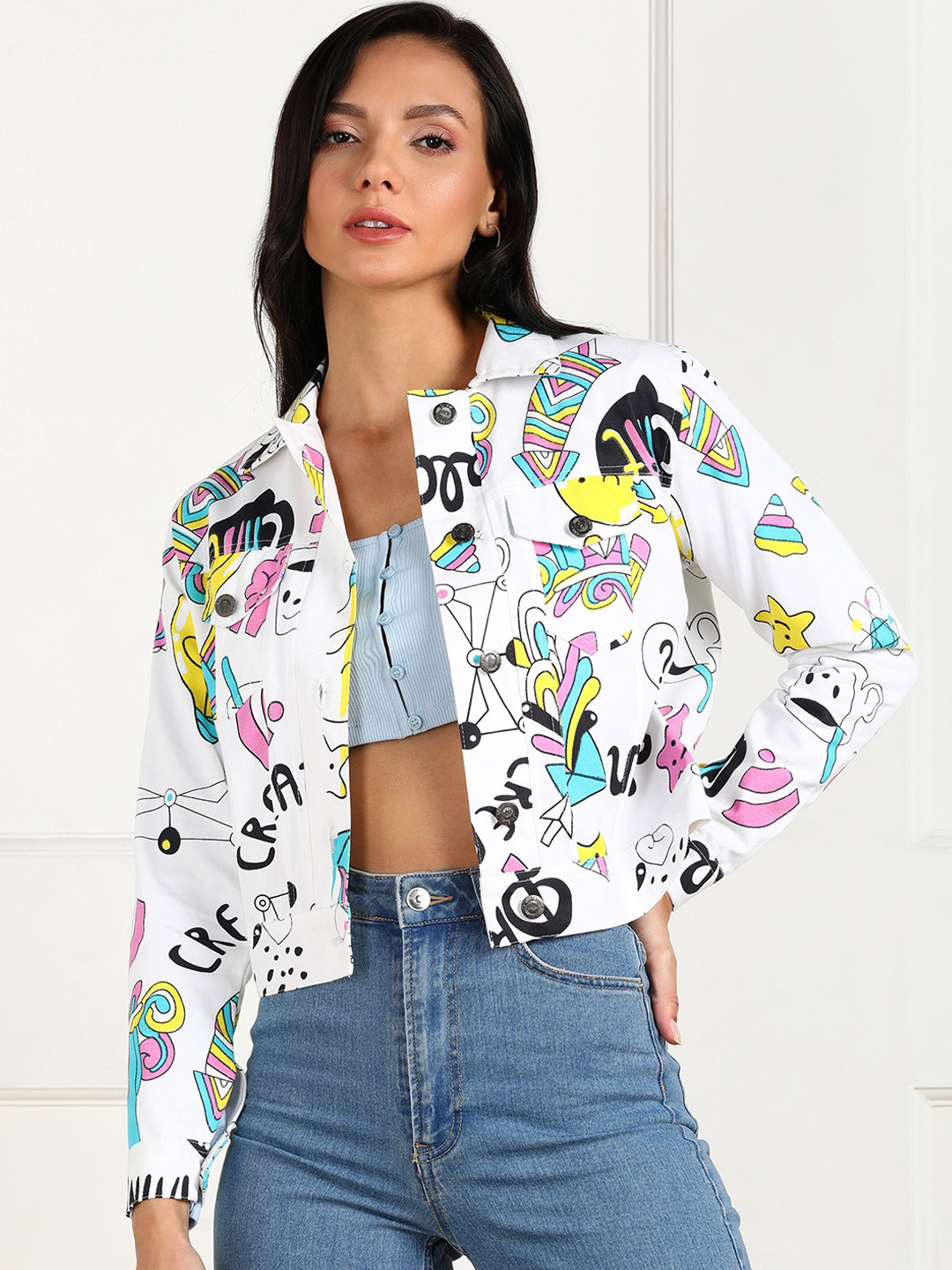 Buy MONTREZ Women White Printed Denim Jacket - Jackets for Women ...