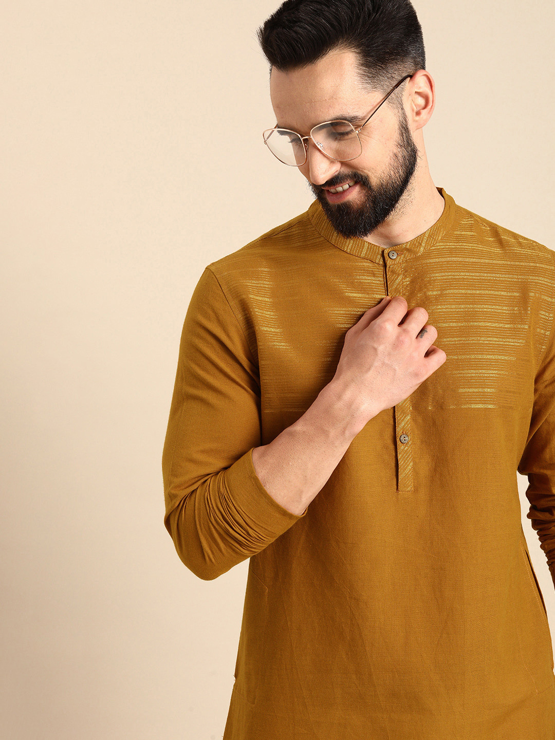 Buy Anouk Men Mustard Yellow Striped Pure Cotton Kurta - Kurtas for Men ...