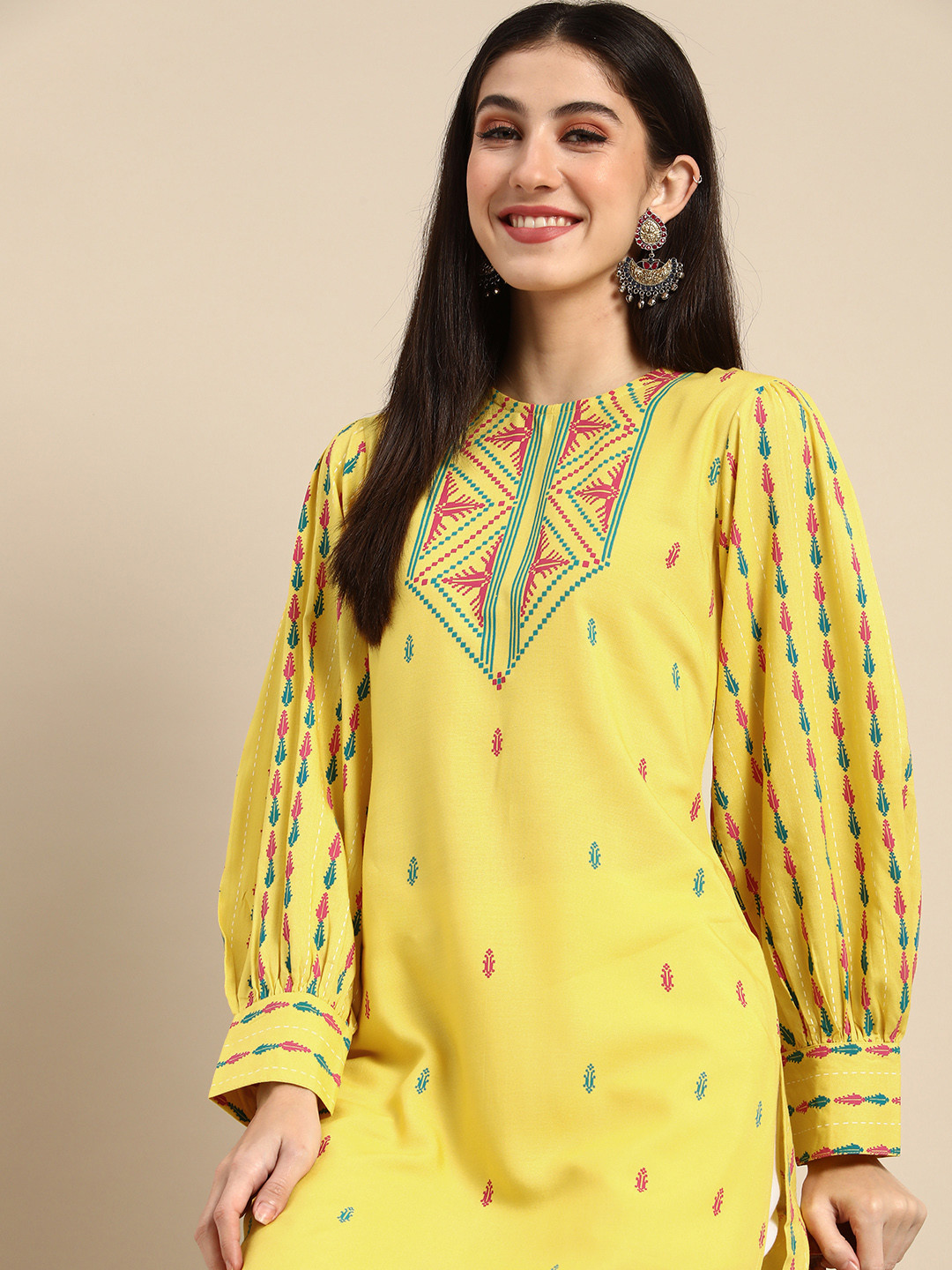 Buy Anouk Women Yellow Ethnic Motifs Printed Kurta - Kurtas for Women ...