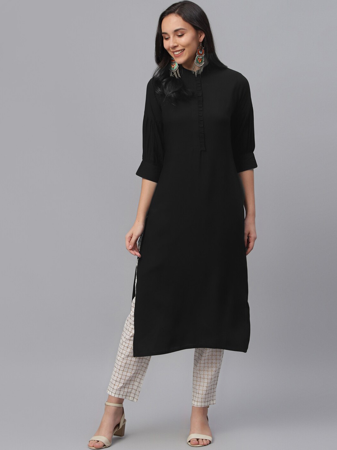Buy Libas Women Black Solid Mandarin Collar Kurta Kurtas For Women