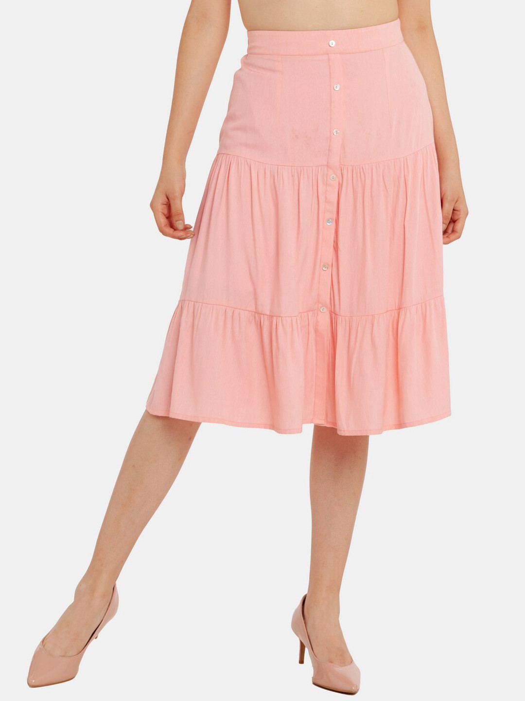 Buy Zink London Women Pink Solid Flared Knee Lenth Skirt - Skirts for ...