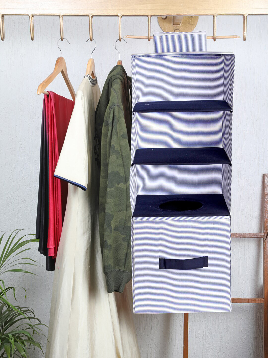 Buy My Gift Booth Navy Blue Striped Hanging Wardrobe Organiser ...