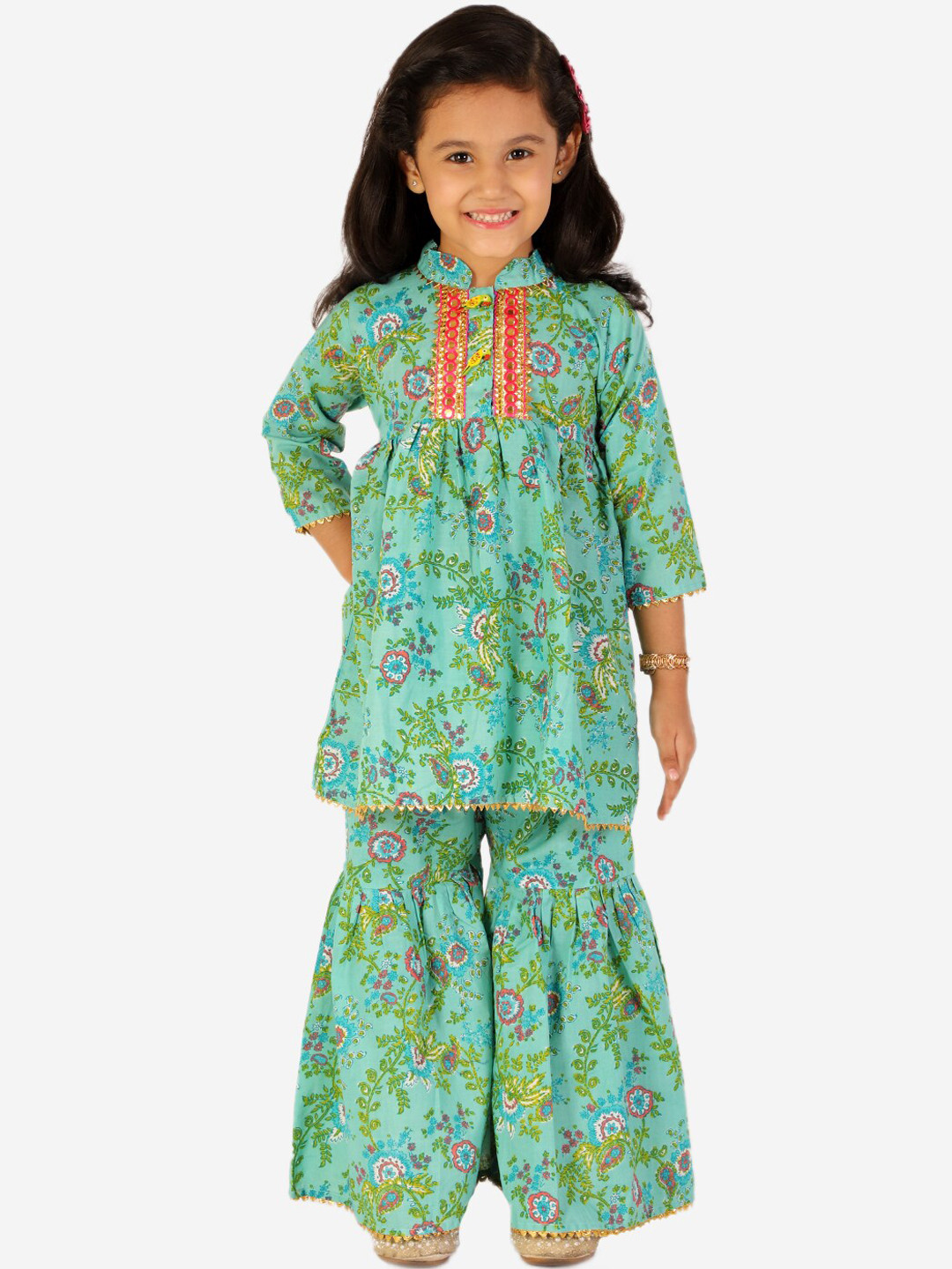 Buy KID1 Girls Green Floral Printed Pure Cotton Kurti With Sharara ...